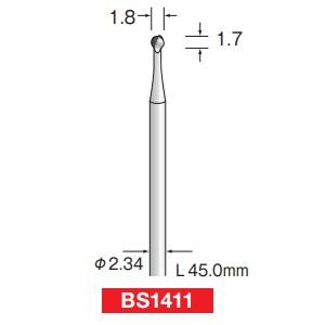 高靭性素材を使用したスチールカッターです。外径(mm)：1.8形状：球軸径：φ2.34軸径(mm)：2.34刃径(mm)：1.8全長(mm)：45刃長(mm)：1.7最高使用回転数(rpm)：3000適合素材：樹脂、ゴム、アルミニウム、銅軸...