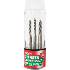 六角軸のスパイラルタップが3サイズ各1本入ったセットです。薄鉄板、アルミ、真鍮等のねじ山の形成および修正に。止まり穴加工用精度:3級シャンク径(mm):6.35セット内容:M4×0.7・M5×0.8・M6×1.0スパイラルタップ加工ねじ:メ...