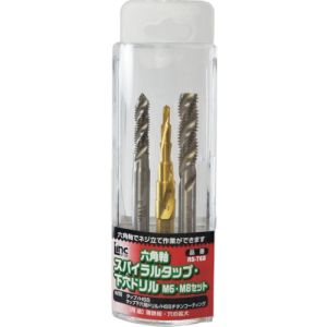 六角軸のスパイラルタップが2サイズと六角軸タップ下穴用ドリルが各1本が入ったセットです。薄鉄板、アルミ、真鍮等のねじ山の形成および修正に。止まり穴加工用。精度:3級シャンク径(mm):6.35セット内容:M6×1.0・M8×1.25スパイラ...