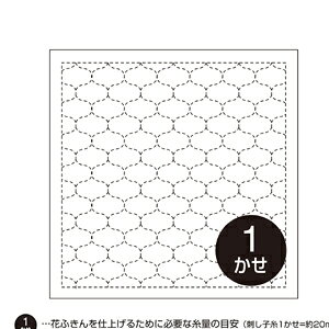 お好きな柄と糸を組み合わせたい方に最適な布パック。一目刺しの花ふきんをそろえました。画像には1枚を刺すために必要な糸量の目安がついています。
