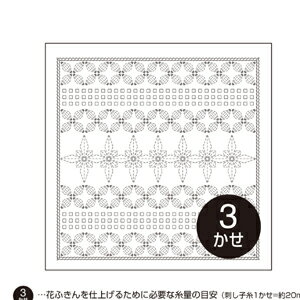 お好きな柄と糸を組み合わせたい方に最適な布パック。一目刺しの花ふきんをそろえました。画像には1枚を刺すために必要な糸量の目安がついています。