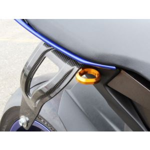 ◆バイクを車載する際の、タイダウンベルトのアンカーポイントとしてご使用いただけます◆R1を車載し、サーキット走行等を楽しまれる方は、ワンポイント的なアクセサリーにもなる、このレーシングフックを是非ご活用下さい◆カラー:ゴールド◆取り付け位置...