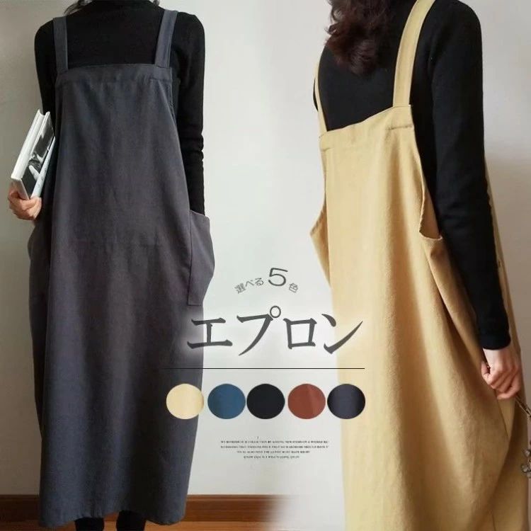 ゆったりすぽっと被るだけ そのまま外出!エプロン チュニックエプロン ワンピース ロング丈 かぶる ワークエプロン カフェエプロン 北欧風 保育士 美容師 花屋紐いらず、頭からすぽっと被るデザイン紐結びの手間もなく、ゆったりと着られます。前...