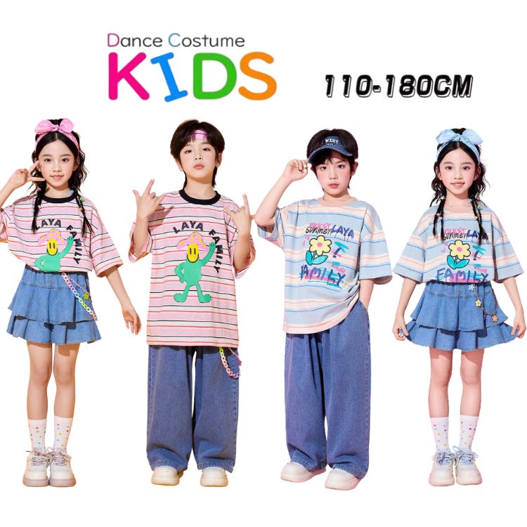 人気検索キーワード：ピンク ブルー トップス ボーダー柄 虹色 カラフル Tシャツ デニムパンツ スカート 半袖 キッズ ダンス セットアップ 韓国 k-pop ヒップホップ 男の子 女の子 アイドル かっこいい カジュアル 子供服 ステー...