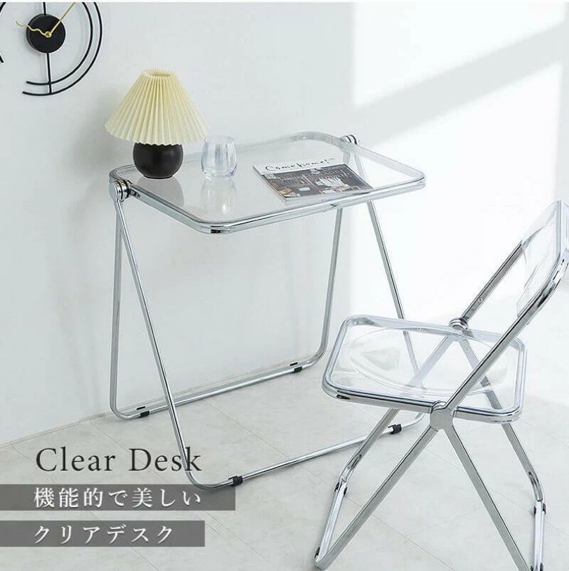 商品情報 【商品名】 クリア デスク　（テーブルのみ） 【仕様】 商品説明】：使う時だけ広げれる折りたたみ式! 透明感あるクリアな輝きとスマートなラインが美しいデスクとなっています。 【サイズ】：本体：幅70x奥行50x高さ68cm 折りた...