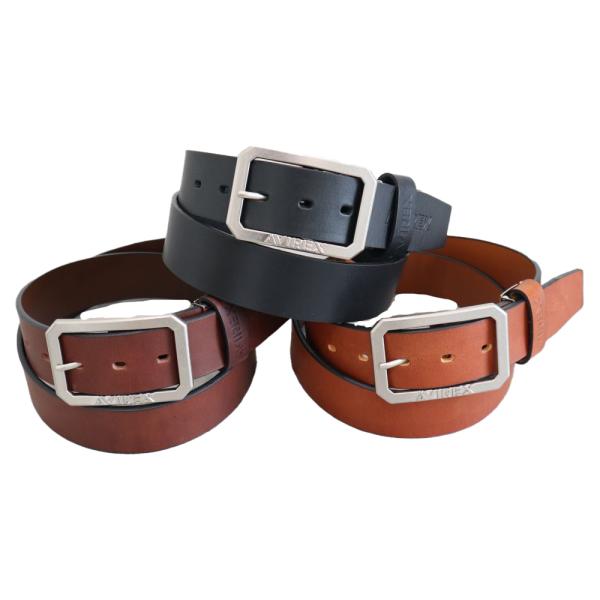 品番　AX4202 素材　　牛革 サイズ　Free　 　　　　調節可能で最大95センチまでです。 ベルト幅　3.8センチ 製造国　日本しっかり厚みのある牛革を使用したベルトでベルト先端、ループに AVIREXの刻印が入りアクセントになってま...