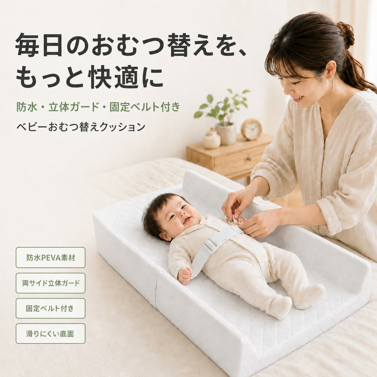 🏠 商品コンセプト 毎日何度も行うおむつ替えを、もっと快適でやさしい時間に。 赤ちゃんにもママにも負担の少ない設計で、安心してお世話ができるおむつ替えクッションです。 🧸 商品特徴まとめ ✔ 防水PEVA素材...