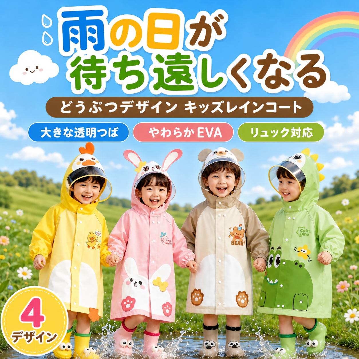 商品仕様 商品名： どうぶつデザイン キッズレインコート 素材： EVA サイズ： S / M / L / XL カラー： イエロー・ピンク・カーキ・グリーン デザイン： ひよこ・うさぎ・くま・きょうりゅう 仕様： フード一体型、大型透明つ...