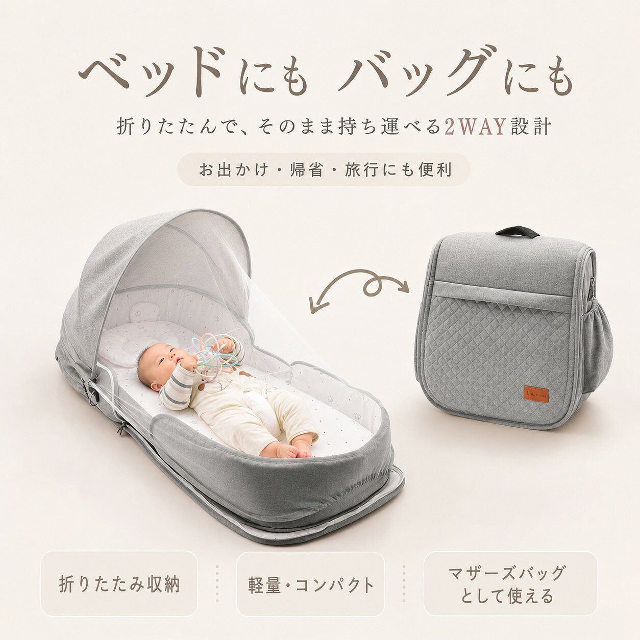 【商品説明】 赤ちゃんのねんねスペースを、もっと手軽に、もっと快適に。 リビングや寝室でのお昼寝はもちろん、帰省先や旅行先でも使いやすいポータブルタイプのベッドインベッドです。 ふんわりと囲むクッション形状で、赤ちゃんのまわりにやさしいスペ...