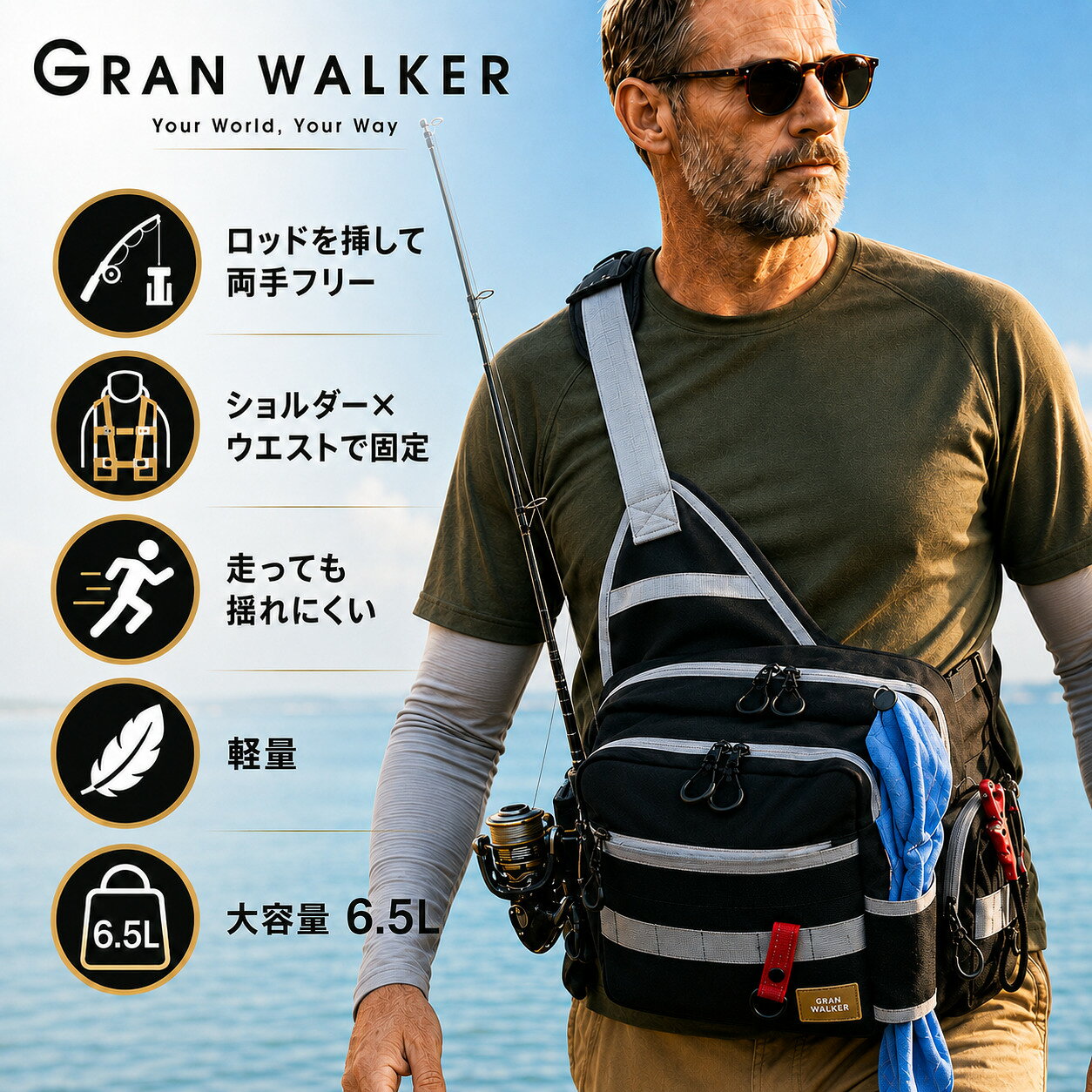 グランウォーカー ワンショルダーバッグ 機能的で実用的。ウエストベルト付きワンショルダータックルバッグ ランガンスタイルやライトゲーム、バス釣り、エギング、アジング、メバリングなど、移動しながら釣りを楽しむシーンに使いやすいフィッシングバッ...
