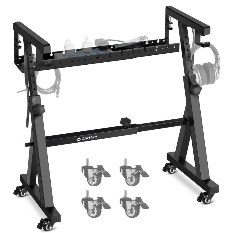 CAHAYA キーボードスタンド ヘッドフォンフック 金属ローラー トレイ付き 58.5~88cm高さ調整可能 53~91cm左右幅調整可能 最大荷重900KG 三角底固定 頑丈安定 折りたたみ式 電子ピアノスタンド 61 76 【4つの金...