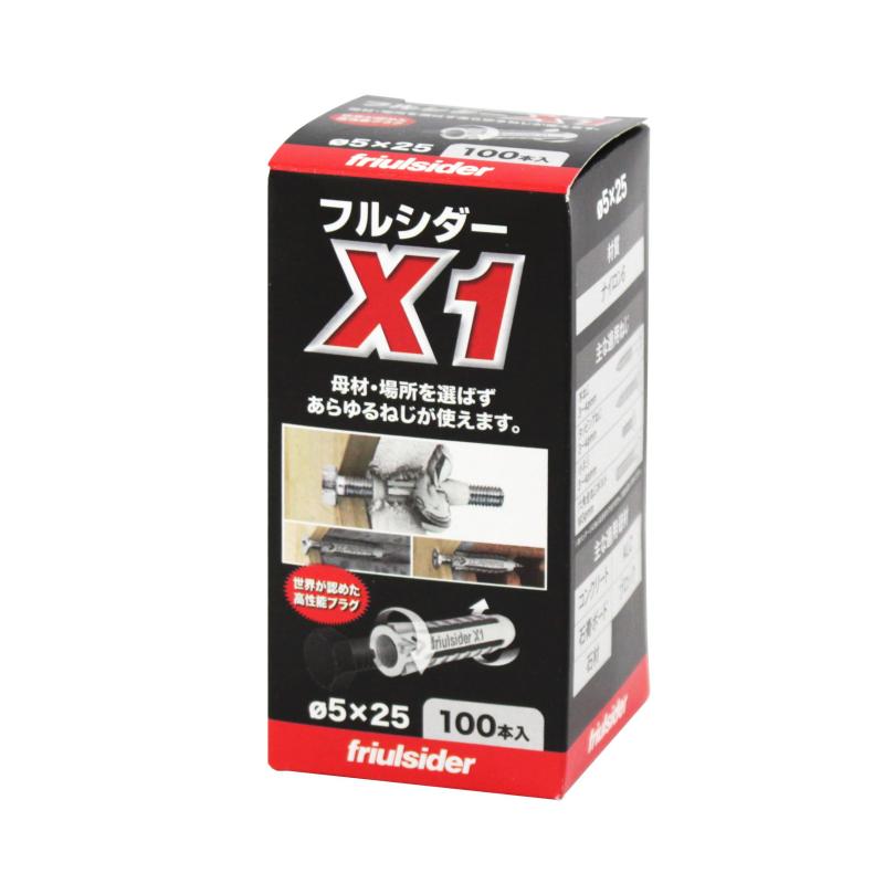 フルシダー X-1 ナイロンプラグ 5×25(100本入)原産国:イタリア最大引張強度(kN):ねじ径 3.5, コンクリート 1.57/石膏ボード(12.5mm) 0.64
