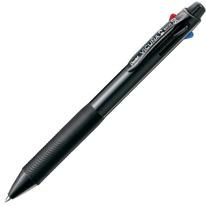 ぺんてる 4色ボールペン ビクーニャ BXC45A 0.5ブラックサイズ:軸径 18mm ×奥行 13mm × 長さ 144mm重さ:14g極細ボール径:0.5mm材質/前軸:再生PC 後軸:PC スライダー:POM グリップ:エラストマー