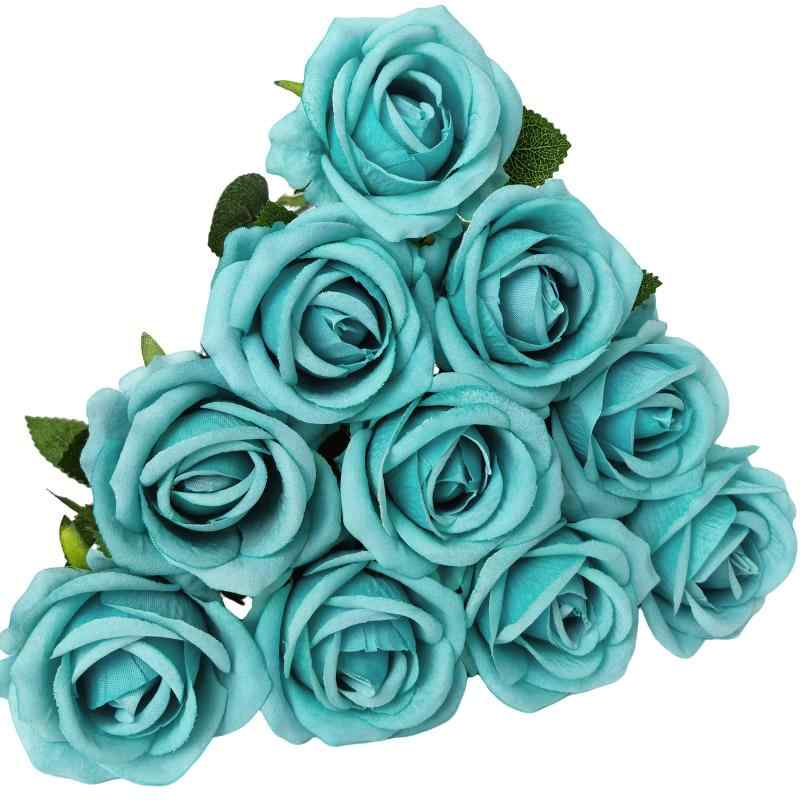 DECEED 造花 バラ ローズ 薔薇 10本セット 花束 バレンタインデー ブーケ 真っ黒 ハロウィン インテリア 飾り 花径7cm×長さ50cm（ピーコックブルー）【パッケージ内容】：美しい人工のバラ×10本。ご注意：花の茎は折り曲げて...