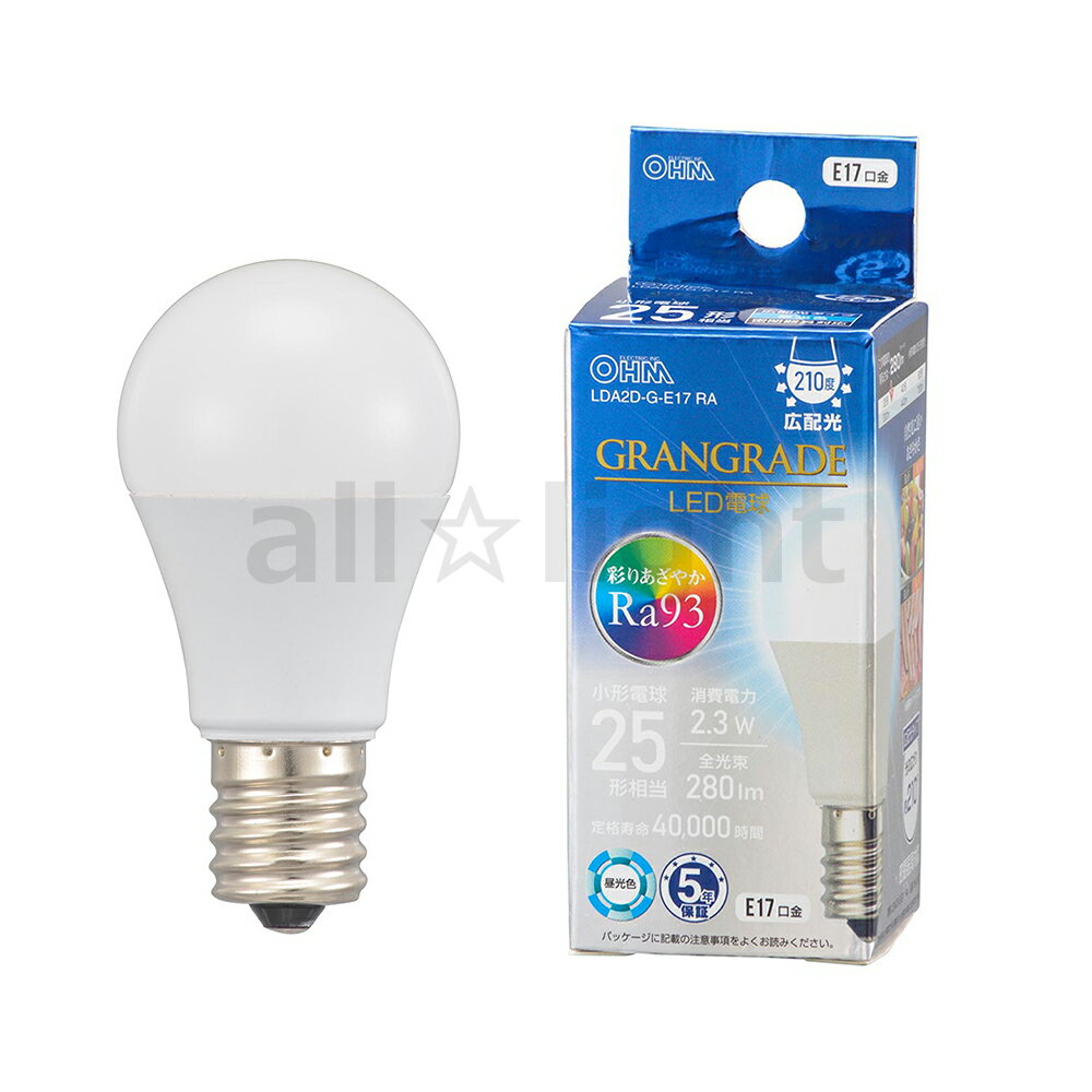 メーカー：OHM ELECTRIC INC / 株式会社オーム電機 ■ 寸法：全長69mm、外径35mm ■ 質量：17g ■ 定格消費電力：2.3W ■ 定格入力電流：0.038A ■ 全光束：280 lm ■ エネルギー消費効率：121...