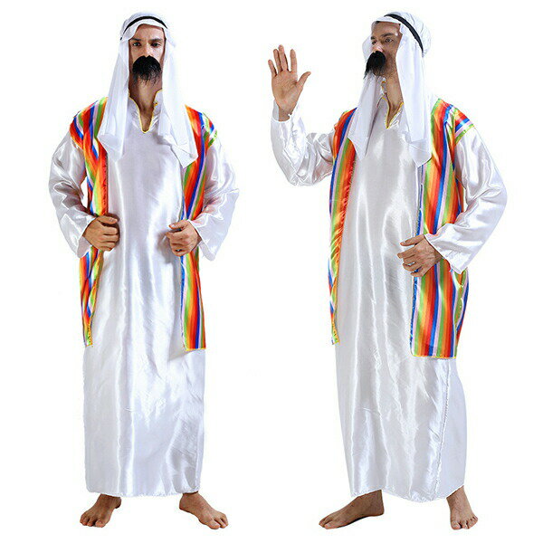 商品内容:セット内容:白ローブ＋ターバン＋リボン＋ヒゲ（※他は商品に含まれません）カラー:写真ご参考素材:ポリエステルサイズ:フリーサイズ：着丈140cm　バスト123cm　ウェスト124cm　肩幅48cm　袖丈63cm　※実寸は平置きサイ...
