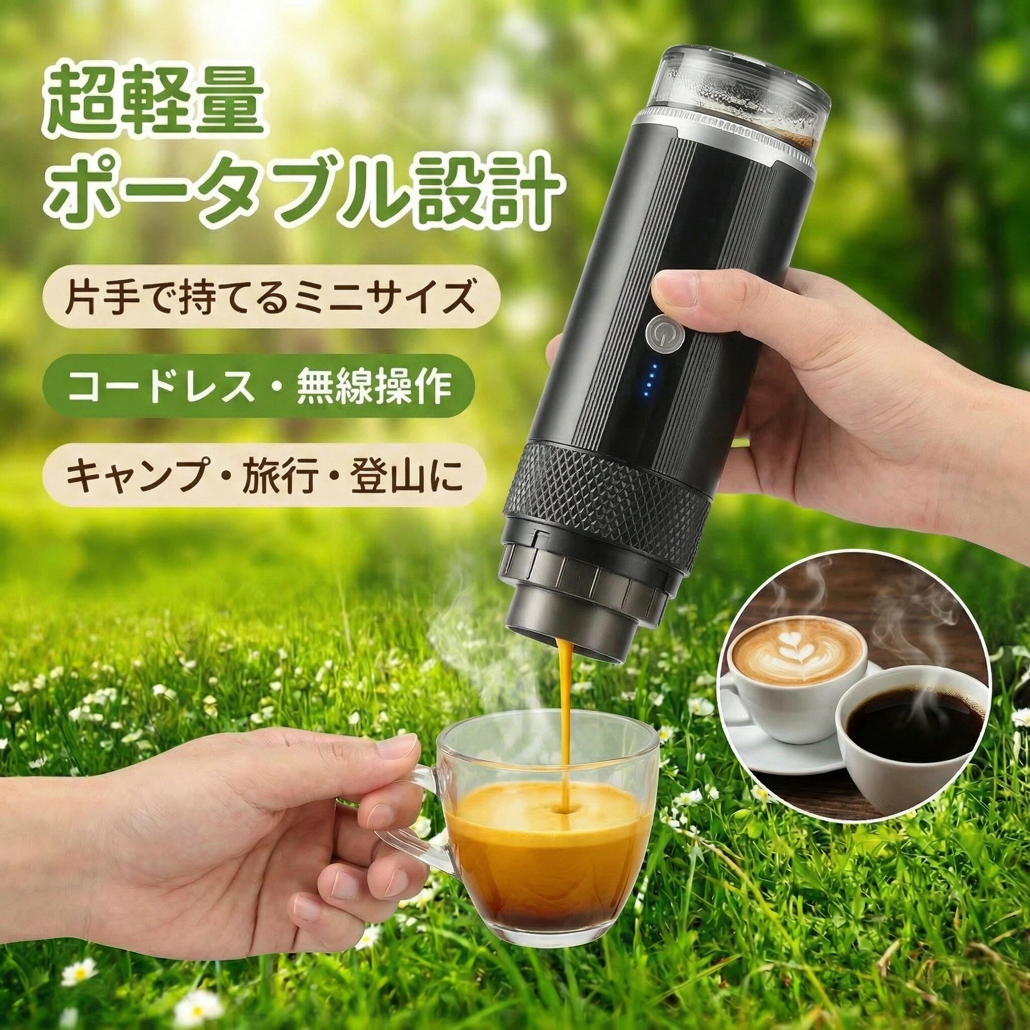 商品ポイント仕様：商品タイプ: ポータブルコーヒーメーカー材質：ABS、ステンレススチール電力: 3W圧力: 15バールバッテリー: 1200mAh リチウム電池内蔵パッケージリスト:1×ポータブルコーヒーメーカー1×英語マニュアル1×スプ...