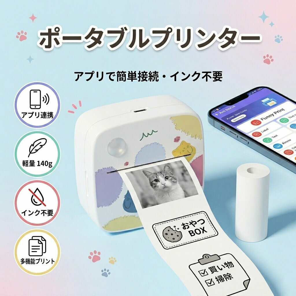 商品情報【インク不要で手軽に使えるポータブルプリンター】インク不要の感熱プリント技術を採用し、専用の感熱紙をセットするだけで簡単に印刷可能。インク交換の手間がなく、コストを抑えて使えるポータブルプリンターです。初心者でも扱いやすいミニプリン...