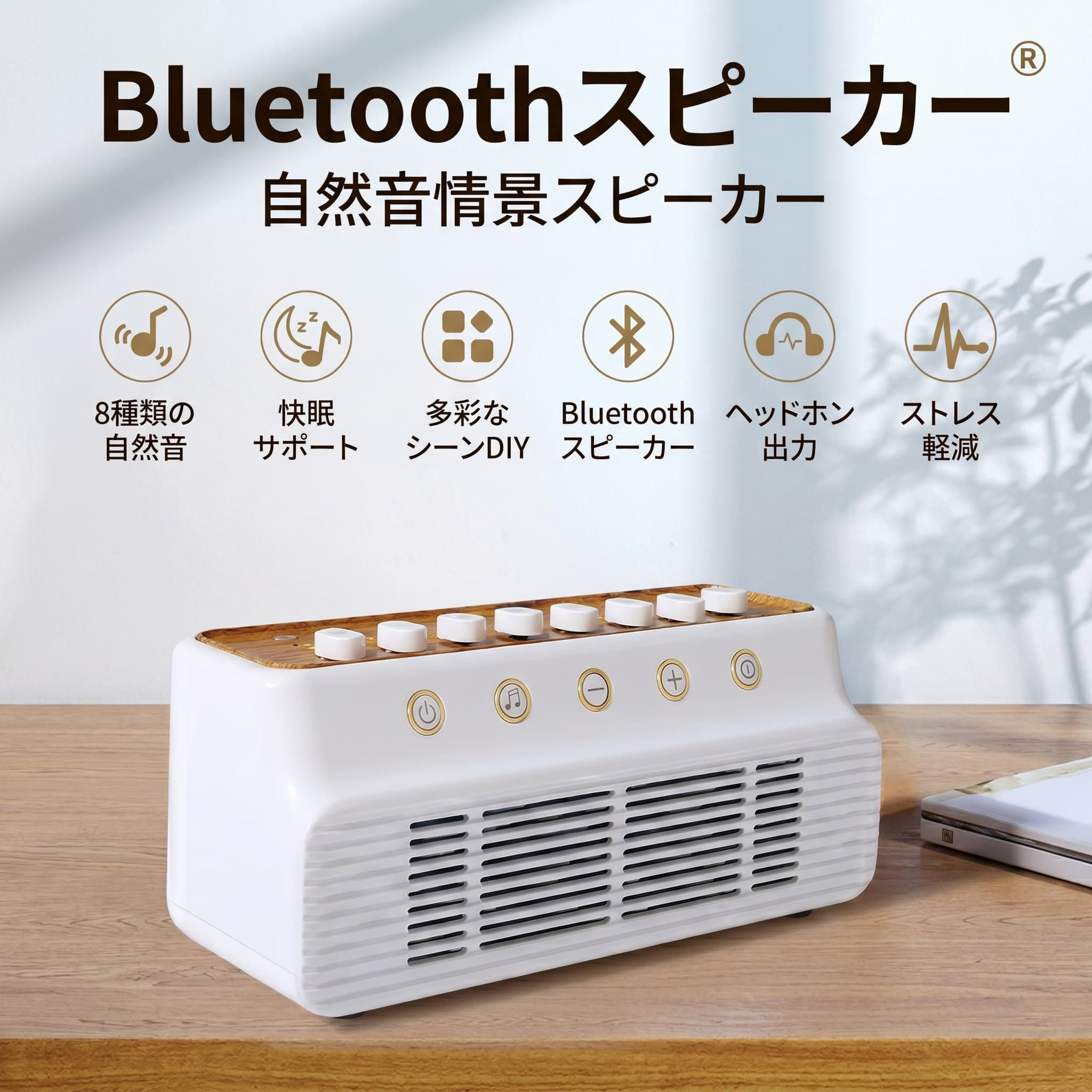 商品情報【8種類の自然音で極上のリラックス空間】豊富なナチュラルサウンド搭載雷雨・海の波・鳥のさえずり・せせらぎ・虫の音・焚き火音など、8種類の自然音を内蔵。森林や雨夜、海辺のような環境を再現し、心身をやさしく癒すBluetoothスピーカ...
