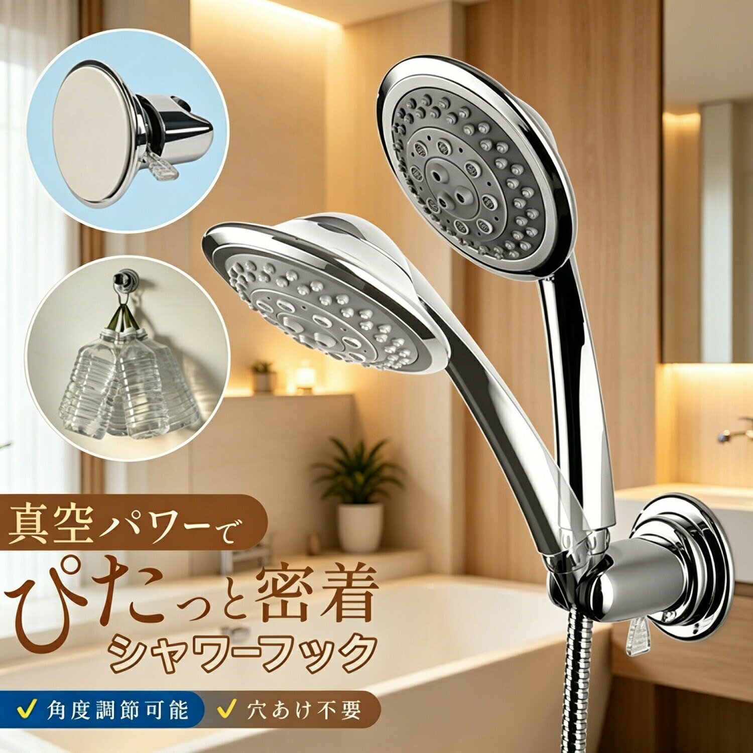 商品詳細商品名：シャワーフック直径：約83mm／高さ：約85mm／ホルダー内径：約20〜23mm材質：本体＝ABS/POM／吸盤部＝ポリカーボネート耐荷重：約10kg（平滑面の参考値）カラー：シルバー取付方式：真空式吸盤（レバー固定）特徴：...