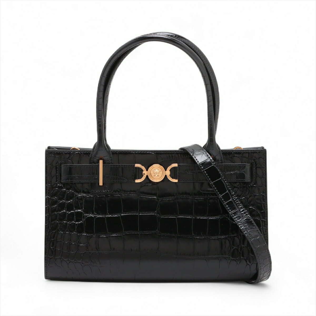 商品番号 A4120695 カテゴリ ハンドバッグ ブランド ヴェルサーチェ 商品ランク AB サイズ W約31 x H約18 x D約10.5 ハンドル高さ：約16 ショルダー高さ：約55.5 付属品 ショルダーストラップ カラー ブラッ...