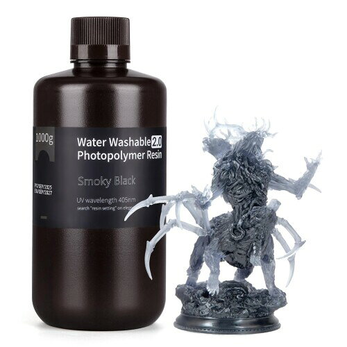 ELEGOO 水洗い可能レジン2.0 光造形3Dプリンターレジン 1000g 低収縮 高精度 高耐久性 LCD/DLP/SLA樹脂プリンター用高速硬化フォトポリマー樹脂 395-405nm UV硬化3Dレジン スモーキーブラック 【洗浄が簡...