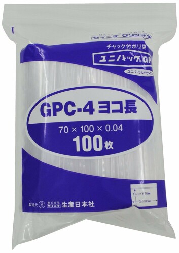 生産日本社 ユニパックGPK-4 ヨコ長 0.04×280×400mm 100枚入 透明 書類サイズ:B4 袋幅が広く、底が浅いので、内容物が「入れやすく」「取り出しやすい」チャック付きポリエチレン袋です。充填効率アップも期待できます。 チ...