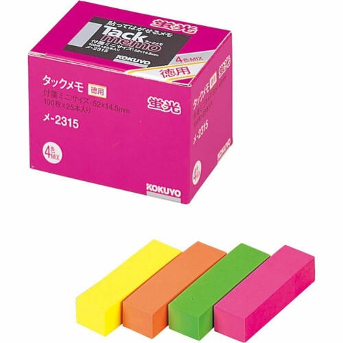 コクヨ 付箋 タックメモ 25冊 蛍光4色mix メ-2315 【寸法】 15×52×10mm 【種類】 ミニサイズ(4色ミックス) 【枚数】 100枚×25本入り 【紙質】 色特殊紙 ■ミニサイズ、蛍光色タイプのタックメモです。 ■大量用...