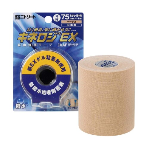 ニトリート(NITREAT) キネロジEX 75mm×4m 1巻入 ベージュ NKEXBP75 素材:基材/綿、ポリウレタン伸縮布(撥水)、粘着剤/アクリル系(ゲル粘着剤) 幅:75mm、長さ:4m 部位:太もも・背中用 商品紹介 独自のゲ...