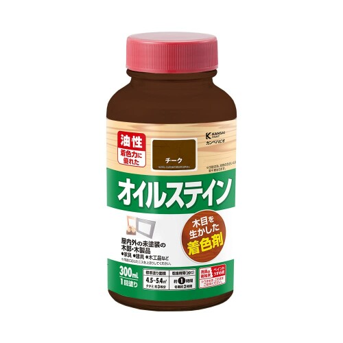 カンペハピオ ペンキ 塗料 油性 ニス 着色 高耐久 オイルステインA チーク 300ML 日本製 00347643512300 【乾燥・塗重時間】【20[度]】乾燥時間:約 1 時間 塗重時間:約 4 時間以上 【冬期】乾燥時間:約 2 ...