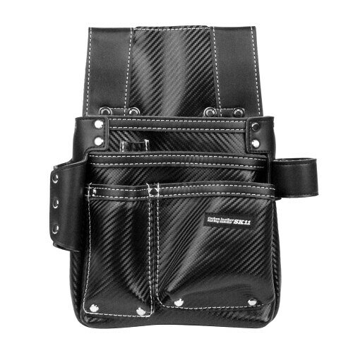 SK11 カーボンレザー釘袋 ブラック 牛本革 スリット入りベルト通し SK-CLK-H 用途:釘、ビス、道具の収納 特徴:カーボンレザー&牛本革を使用した高級感ある素材を使用 色:ブラック 仕様:サイドホルダー付 材質:カーボンレザー カ...