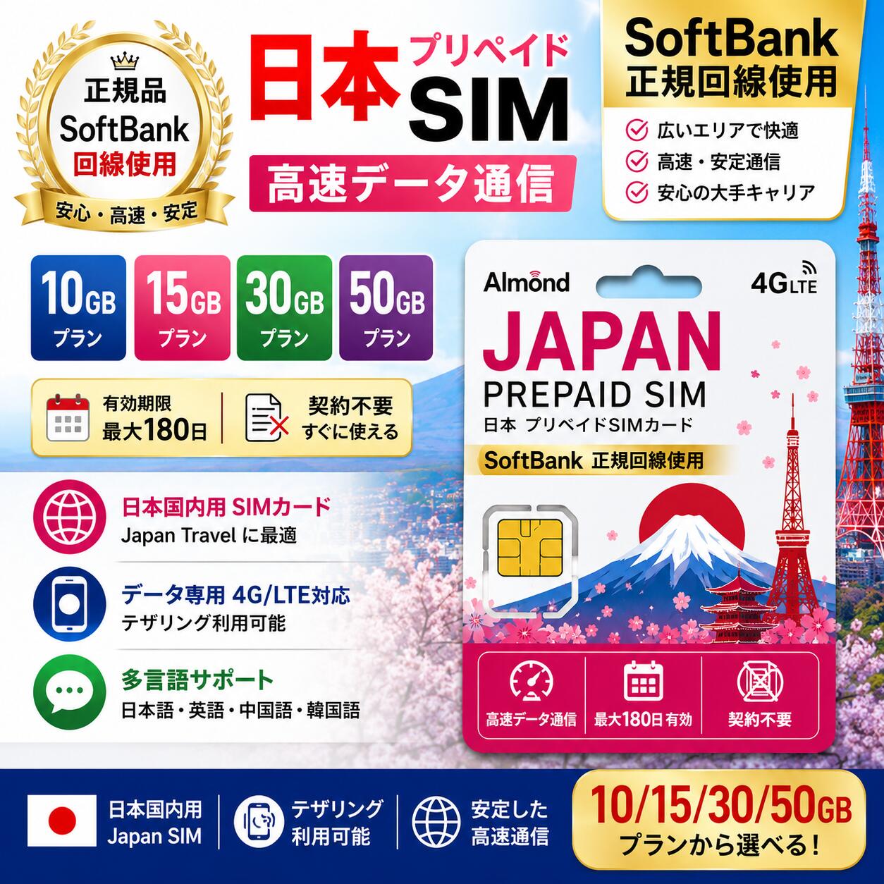 【SIMの有効期限・大容量データ】本SIMカードの有効期限は2026年7月13日まで（※定期更新のため、実際の有効期限は商品説明書の記載内容をご確認ください。）。高速データ通信は合計10/15/30/50GBまで利用可能で、1日あたりの通信...