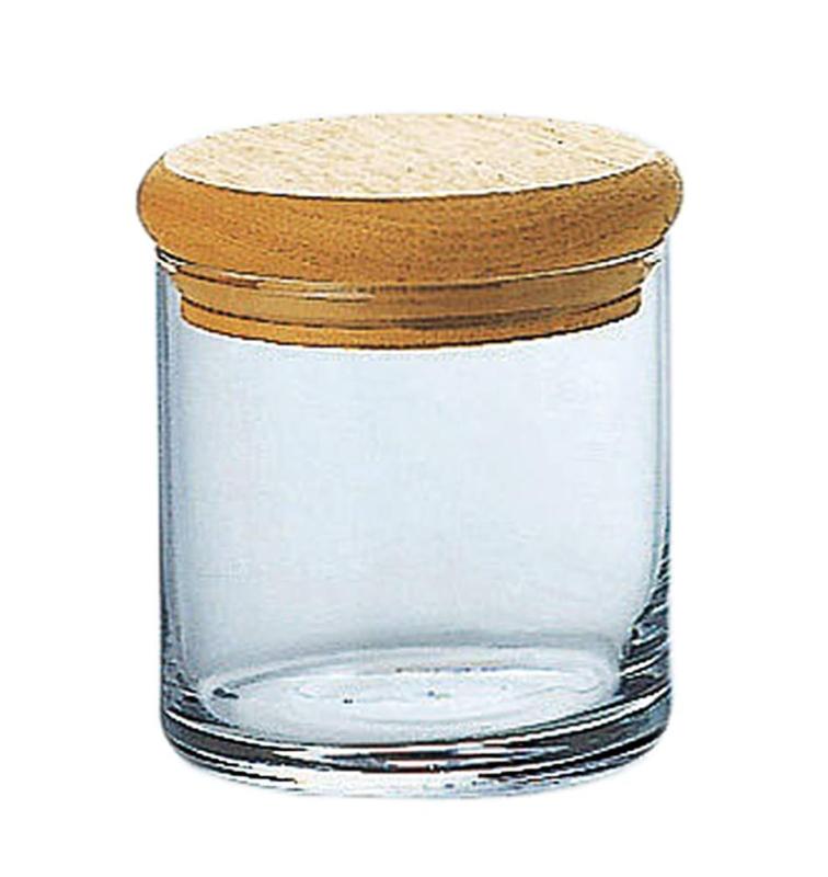 ガラスキャニスター (小)本体サイズ:約φ8×9.5cm(ふたを除く)本体重量:約155g素材・材質:グラス/ソーダガラスライム、フタ/木、パッキン/シリコンゴム原産国:日本