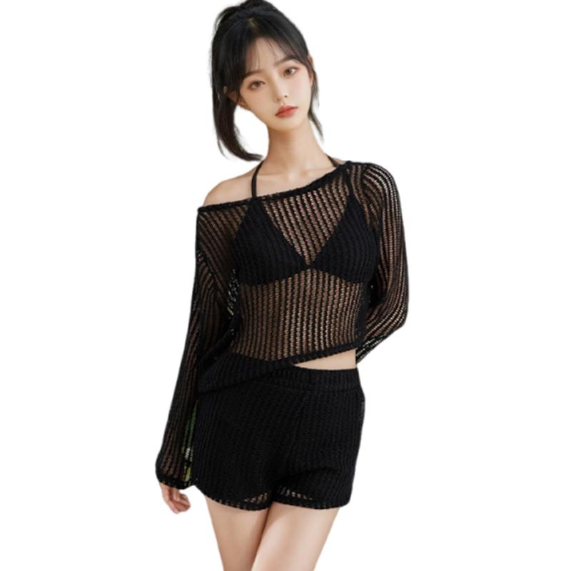 [Grcemlvfe] 水着 レディース 3点セット 可愛い レースカバー スカート 体型カバー ラッシュガード ショートパンツ ビスチェ風 ビキニ 透け感 ビーチウェア 肌守り 黒 白 2way 女性 温泉 ビーチ
