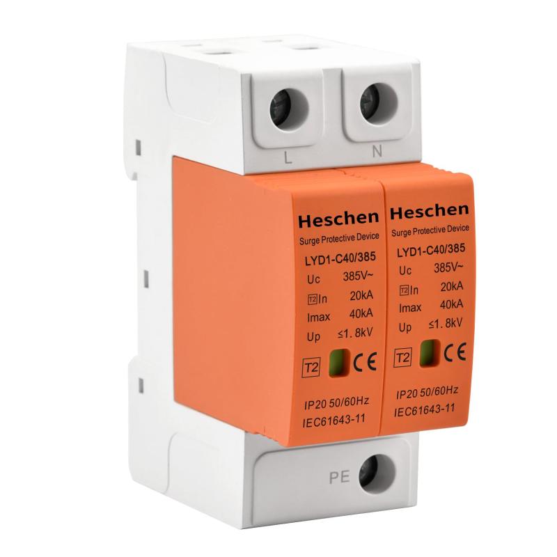 Heschen サージ防護デバイス, LYD1-C40/385, 2P 385V 20KA, 防火, 低電圧アレスタ, 35mm DINレール取付型最大連続使用電圧 (Uc~): 385VAC電圧保護レベル(上): ≦1.8KV公称放電電流...