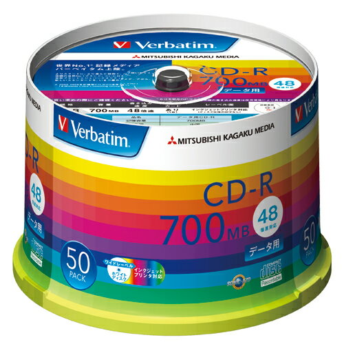記録メディアブランド Verbatim（バーベイタム）のCD-R。50枚入　48倍速　スピンドル　ワイド印刷対応ホワイトレーベル。■商品詳細メーカー名：バーベイタム容量：700MB速度：48倍速レーベル：ワイド印刷対応ホワイトレーベル　スピ...