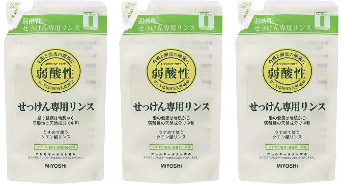 商品名【まとめ買い】無添加せっけん専用リンス 詰替 300ml 【×3個セット】 まとめ買い 詰め替え つめかえ商品説明弱アルカリ性のせっけんシャンプー後の髪を中和する弱酸性リンス。香料・着色料・防腐剤などの合成化学成分は一切不使用。天然成...