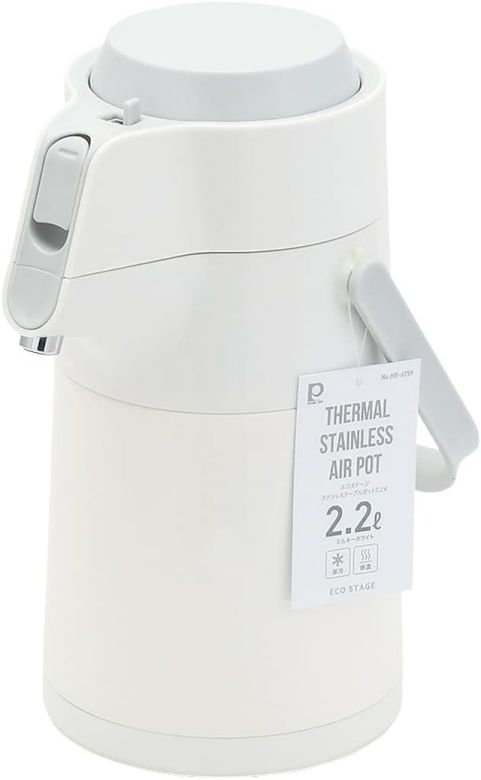 商品名 ステンレスエアーポット 2.2L ホワイト HB6759 エコステージ 商品説明 製品サイズ:(約)幅23×奥行16.5×高さ29cm製品重量:(約)1.6kg品名:ステンレス製卓上用まほうびん、実容量:2.2L、保温効力:70度以...