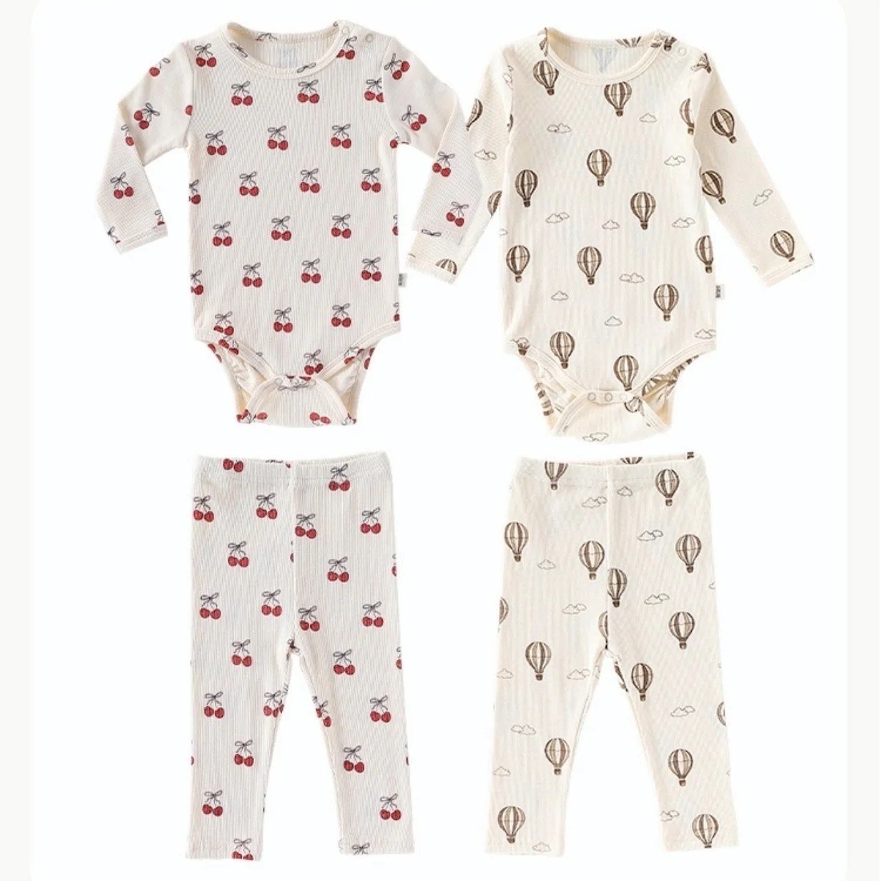 コットンデザインソフトロンパース 気球柄とチェリー柄の2タイプから選べる、やわらかなコットンロンパース♪ お揃いのパンツ（別売り）と合わせれば、かわいいセットアップコーデに。 デイリーにもお出かけにも使いやすい万能アイテムです♪ 素材▼ 綿...