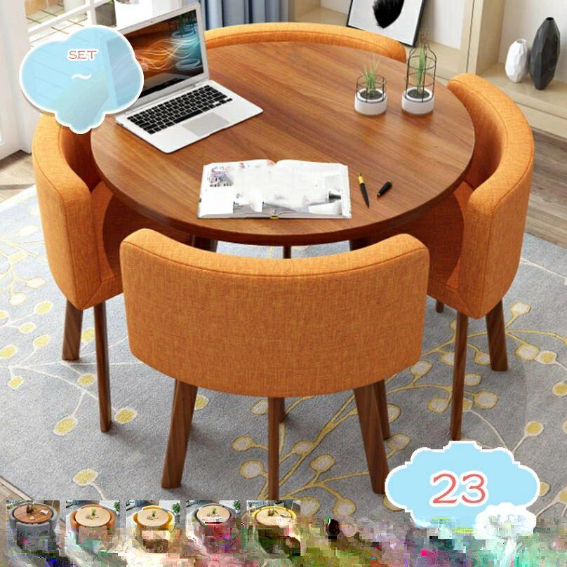 【クリックして他の色を選択してください】他の色1メイン素材：布、木、レザー、メタルSET：テーブル1台、椅子4脚 【材質】レザー、木、布、金属 【テーブル】直径80×高さ75 【チェア】高さ73（座面高40） （ご注意：実寸サイズを測ってい...