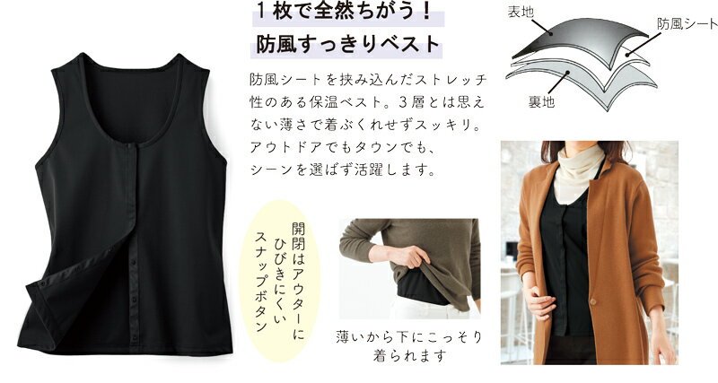 1枚で全然ちがう！防風素材のすっきりベスト。防風シートをはさみこんだ3層構造の保温ベストは、3層とは思えない薄さと柔らかさで着ぶくれせずすっきり。タウンでもアウトドアでもシーンを選ばず活躍します。開閉はスナップボタンなのでアウターに響きにく...
