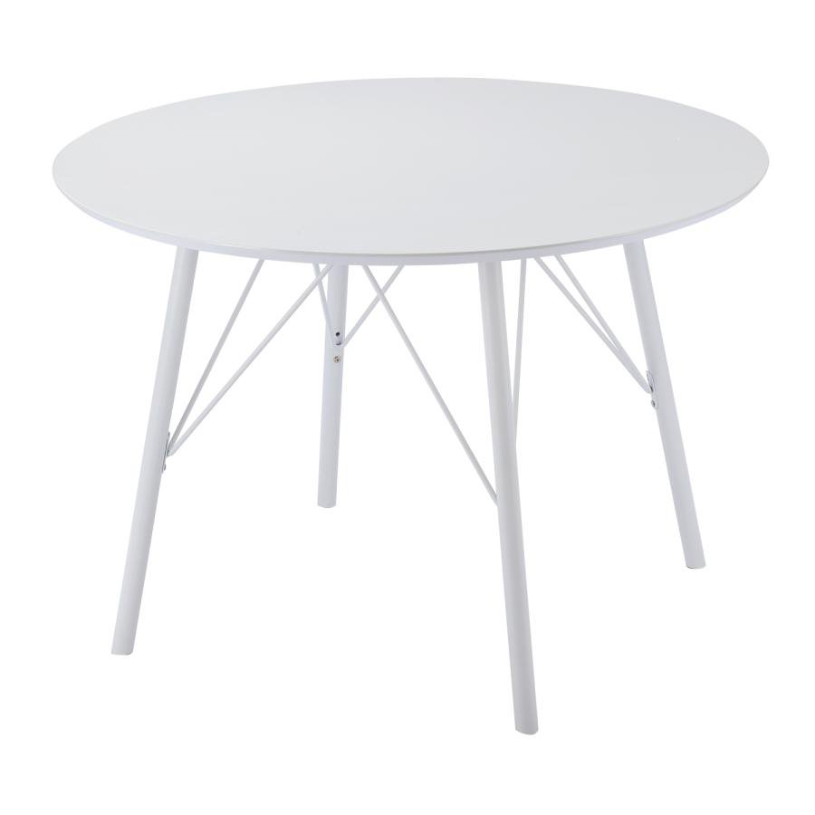 おしゃれなデザインの円形ダイニングテーブルです。【サイズ（幅×奥行×高さ）】1050×1050×720mm【材質】天板：合成樹脂化粧繊維板(裏面は簡易ラッカー塗装)脚：スチール、粉体塗装(アジャスター付)【重量】18.6kg【耐荷重】40k...