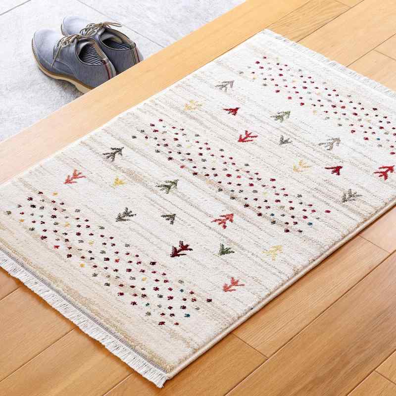 萩原 ウィルトン織 玄関マット 屋内 約60×90cm 「RAKKAS ジャルダン」 ギャッベ柄 民族柄 ホットカーペット・床暖房対応【組成】 表面:ポリプロピレン100%　パイル長:約10mm・123,000ノット　フリーズ加工【生産国】...