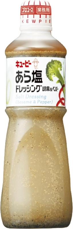 キユーピー 1L あら塩ドレッシング 胡麻&amp;ペパー 1000ml (業務用) 大容量醸造酢（国内製造）、食塩、ぶどう発酵調味料、ごま、食用植物油脂、香味食用油、ガーリックペースト、チキンエキスパウダー、香辛料／調味料（アミノ酸等）、...