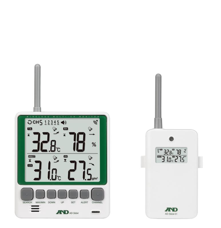 A&amp;D マルチチャンネルワイヤレス環境温湿度計 セット AD-5664SET原産国:中国表示項目:温度、相対湿度、熱中症指数、絶対湿度、温度プローブ (T1、T2は別売品の温度プローブ接続時)測定範囲(子機):温度0~50℃、相対湿...