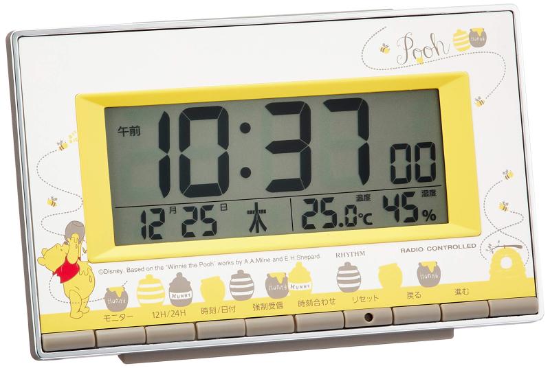 リズム時計 くまのプーさん 電波 目覚まし キャラクター 時計 8RZ133MC08サイズ:9.4×14.6×4.0cm、本体重量:0.19kg使用電源:単3形x2本(別売)秒：デジタル表示ムーブメント：電波時計素材・材質:PS機能:電波受...