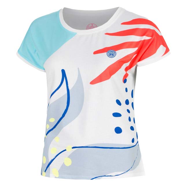 SPEC カラーホワイト×マルチカラー サイズEU-XS／JP-S、EU-S／JP-M、EU-M／JP-L、EU-L／JP-XL 素材リサイクルポリエステル90%、ポリウレタン10% 名称BIDI BADU Hey Laguna T-Shi...