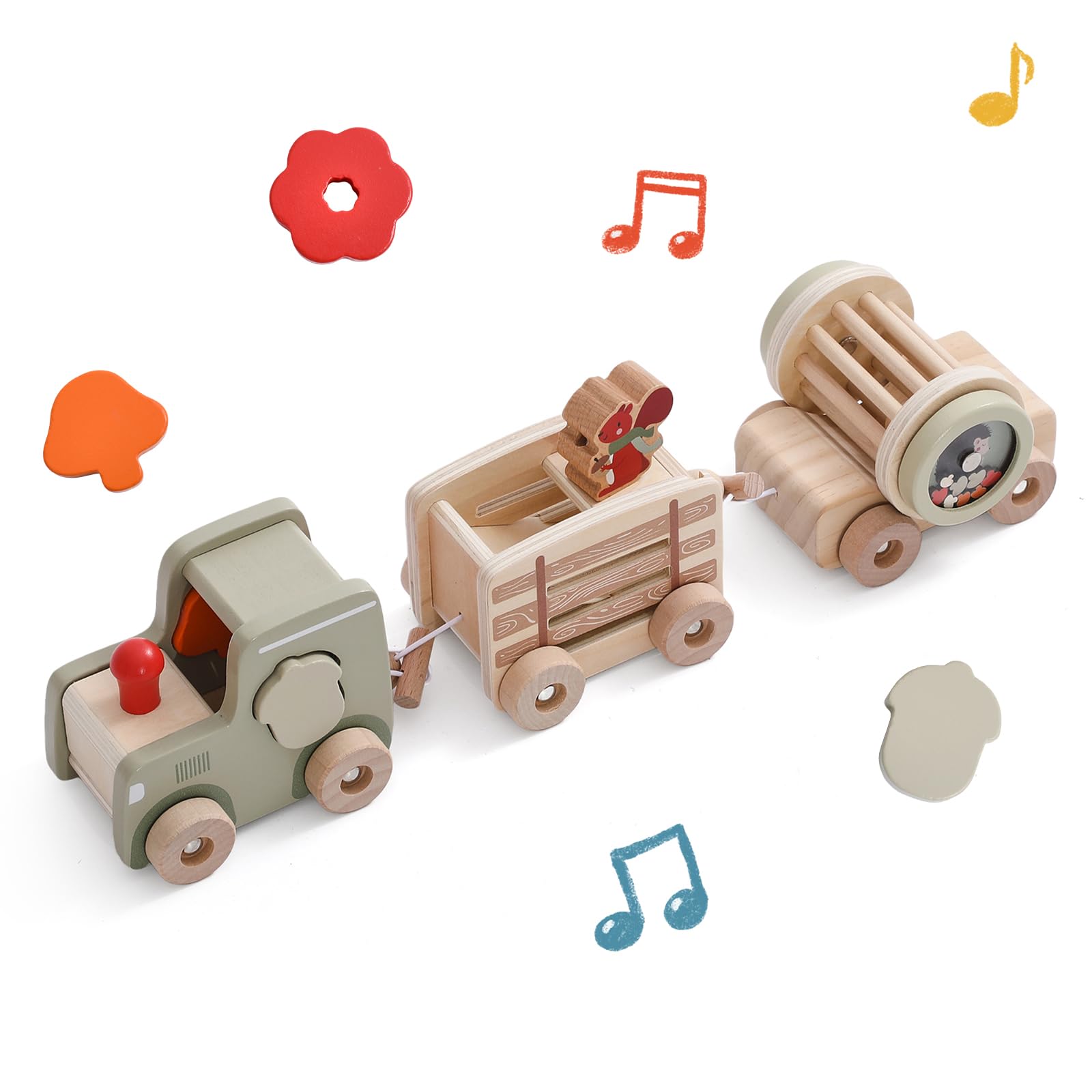 【安全な素材】温かみのある天然木材を使用し、安全基準に適合した塗料を採用。すべての角を丸く仕上げ、肌触りが良く、小さなお子様にも安心してお使いいただけます。【知育玩具】車を自分の手で動かして、それを目で追うことは『手と目の協応』が生まれ、型...