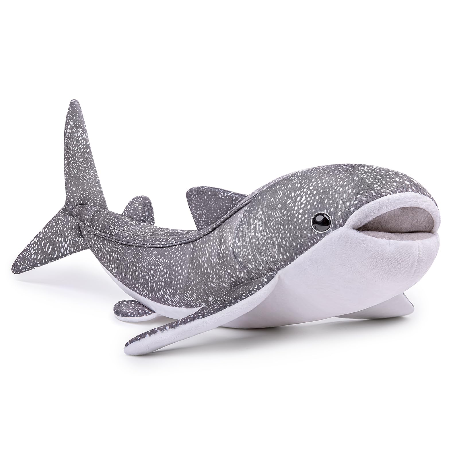 【リアルなジンベエザメのぬいぐるみ】: 当社の本物そっくりの大きなジンベエザメのぬいぐるみは、本物の海の動物を模倣しています。 灰色の質感の毛皮は滑らかで柔らかく、体全体は明るい白で、大きな灰色の頭はかわいくて興味深いです。 全体的な形状デ...