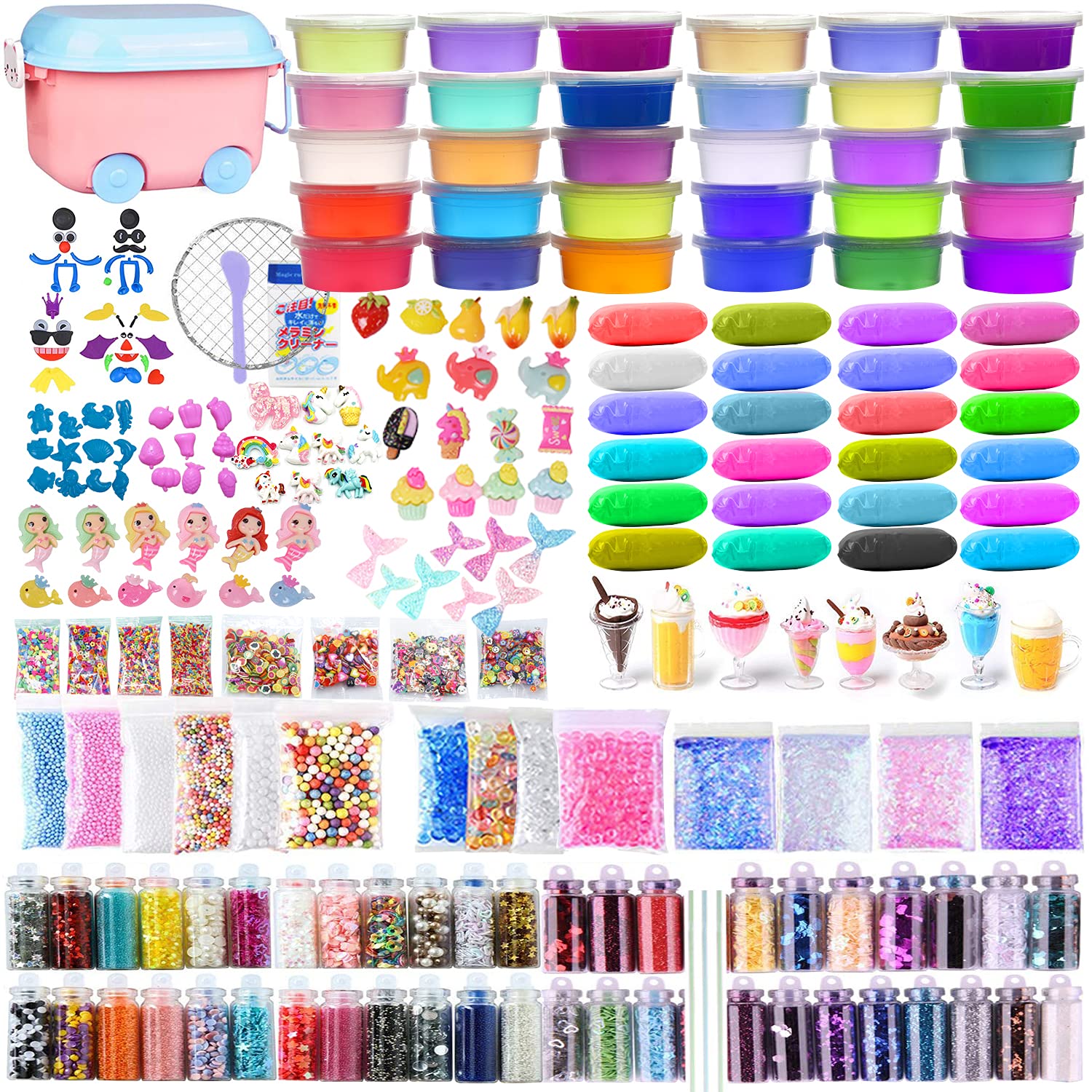 【盛り沢山の豪華スライムキット】女の子と男の子向け超豪華なエプロン付きスライムキットが登場！1個プラスチック収納箱(入れ物もおもちゃ箱みたいな感じで可愛く)、48色ガラス瓶スパンコール 、30色スライム、24個の軟質粘土、4パックの金魚鉢飾...